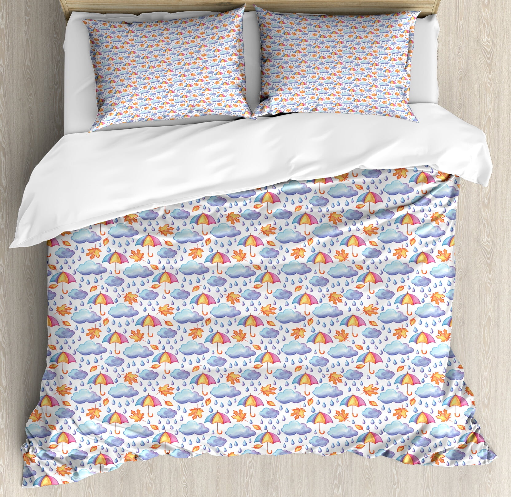 Autumn Duvet Cover Set, Watercolor Look Rain Umbrella Clouds Pastel ...