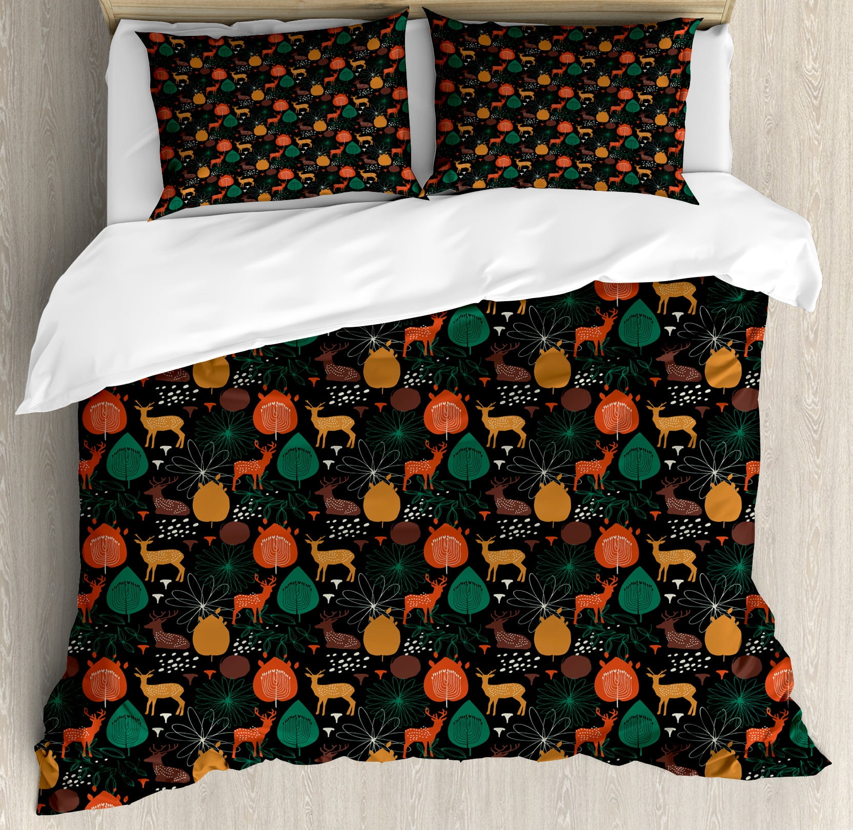 Autumn Duvet Cover Set, Wild Forest Season Gazelle Deer Fall Colors Leaves Pattern Composition ...