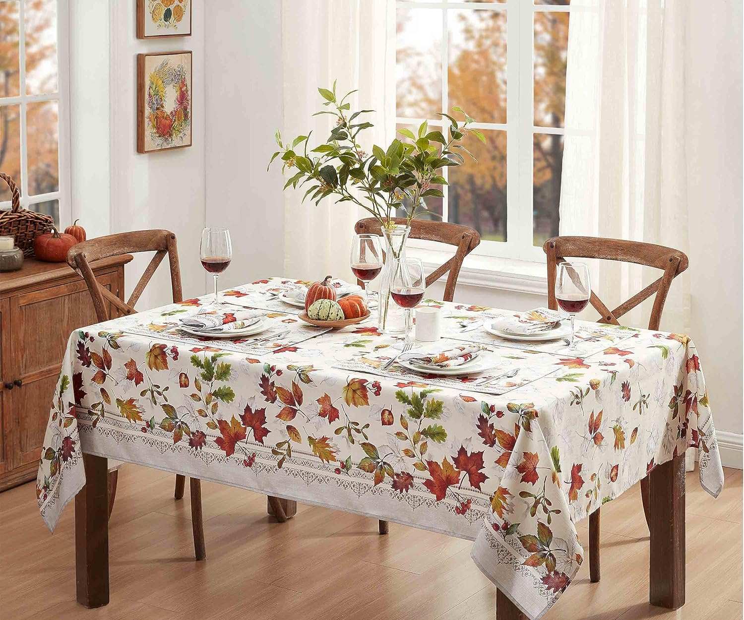 Autumn Essentials Fall Foliage Bordered Fabric Thanksgiving Tablecloth ...