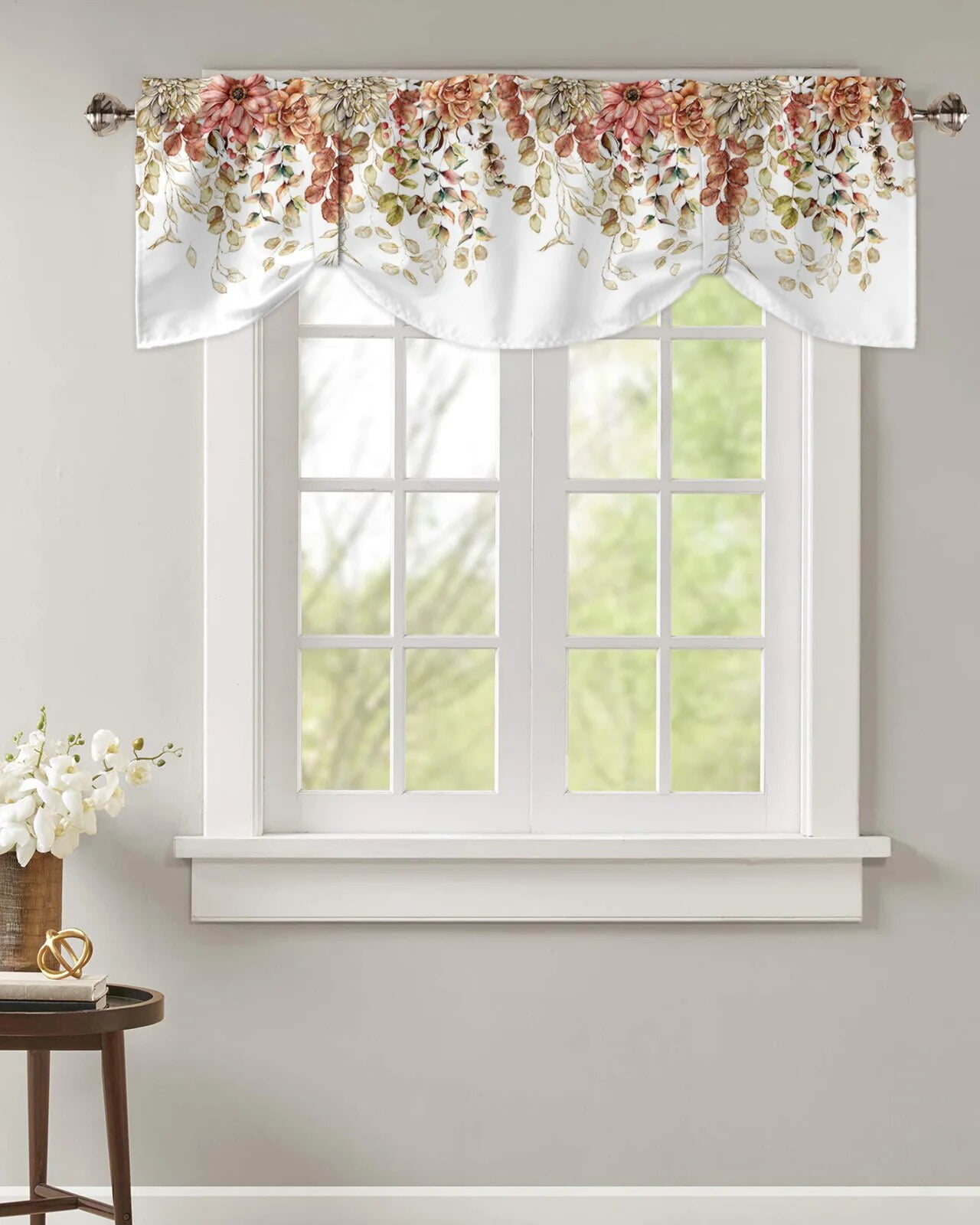 Autumn Eucalyptus Leaves Dahlia Short Window Curtain Adjustable Tie Up ...