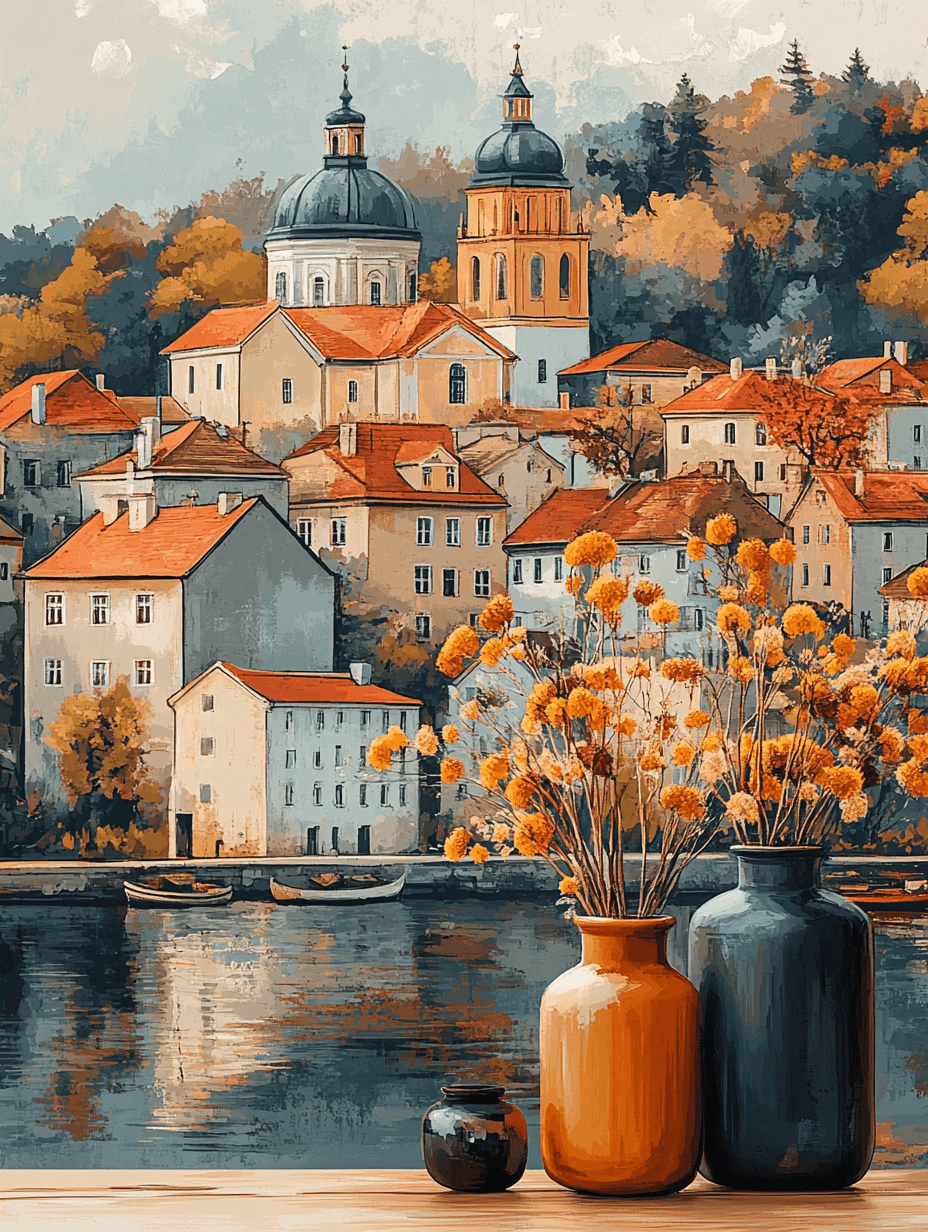 Autumn European Town River Landscape Canvas Wall Art，Perfect for Living ...