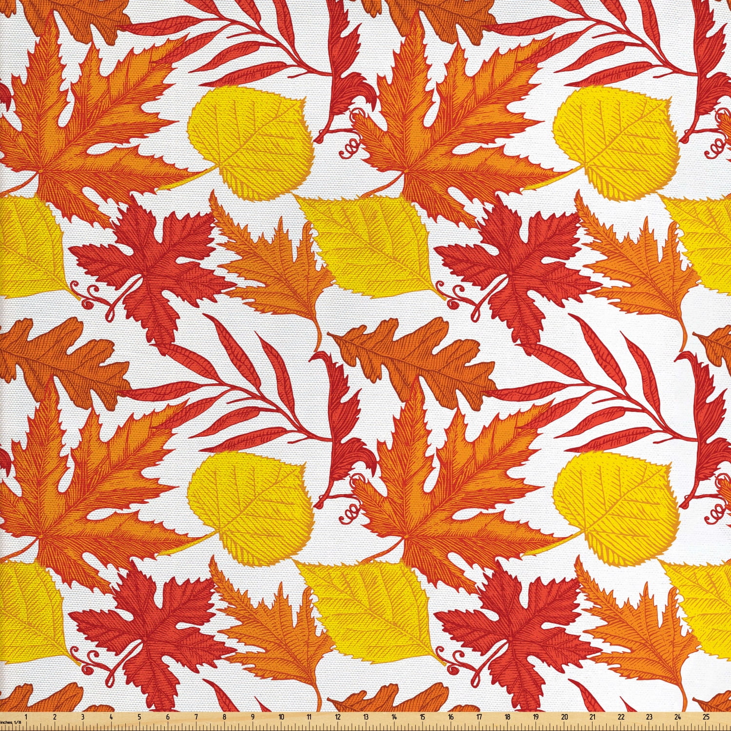 Autumn Fabric by the Yard Upholstery, Composition of Various Fall Leaves on a Plain Background ...