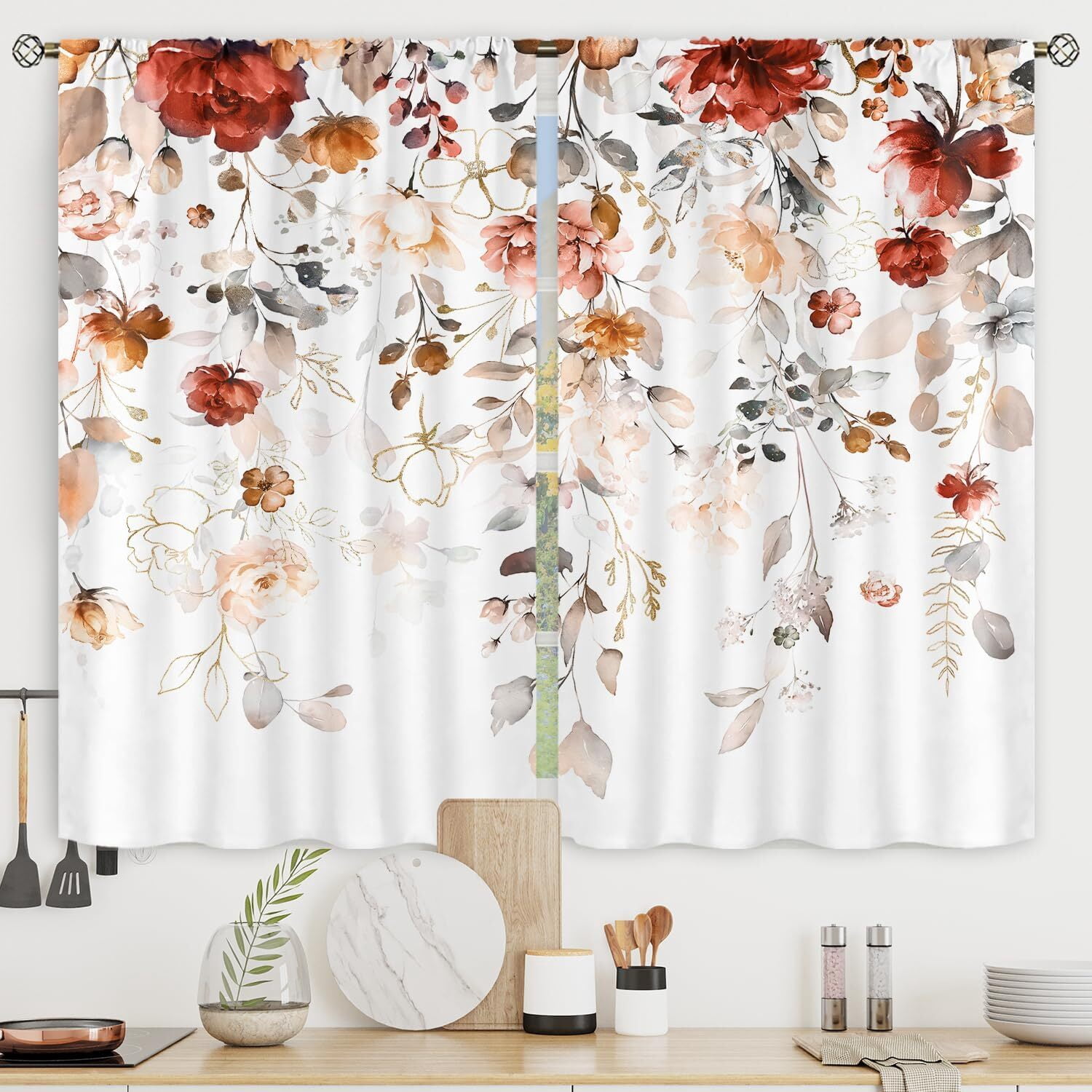 Autumn Fall Burgundy Floral Kitchen Curtains Short Small Wildflower ...
