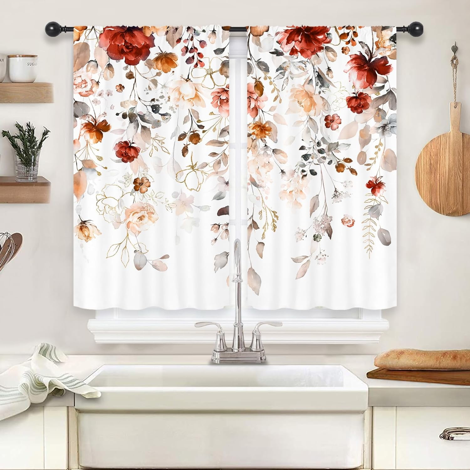 Autumn Fall Burgundy Floral Kitchen Curtains Short Small Wildflower ...