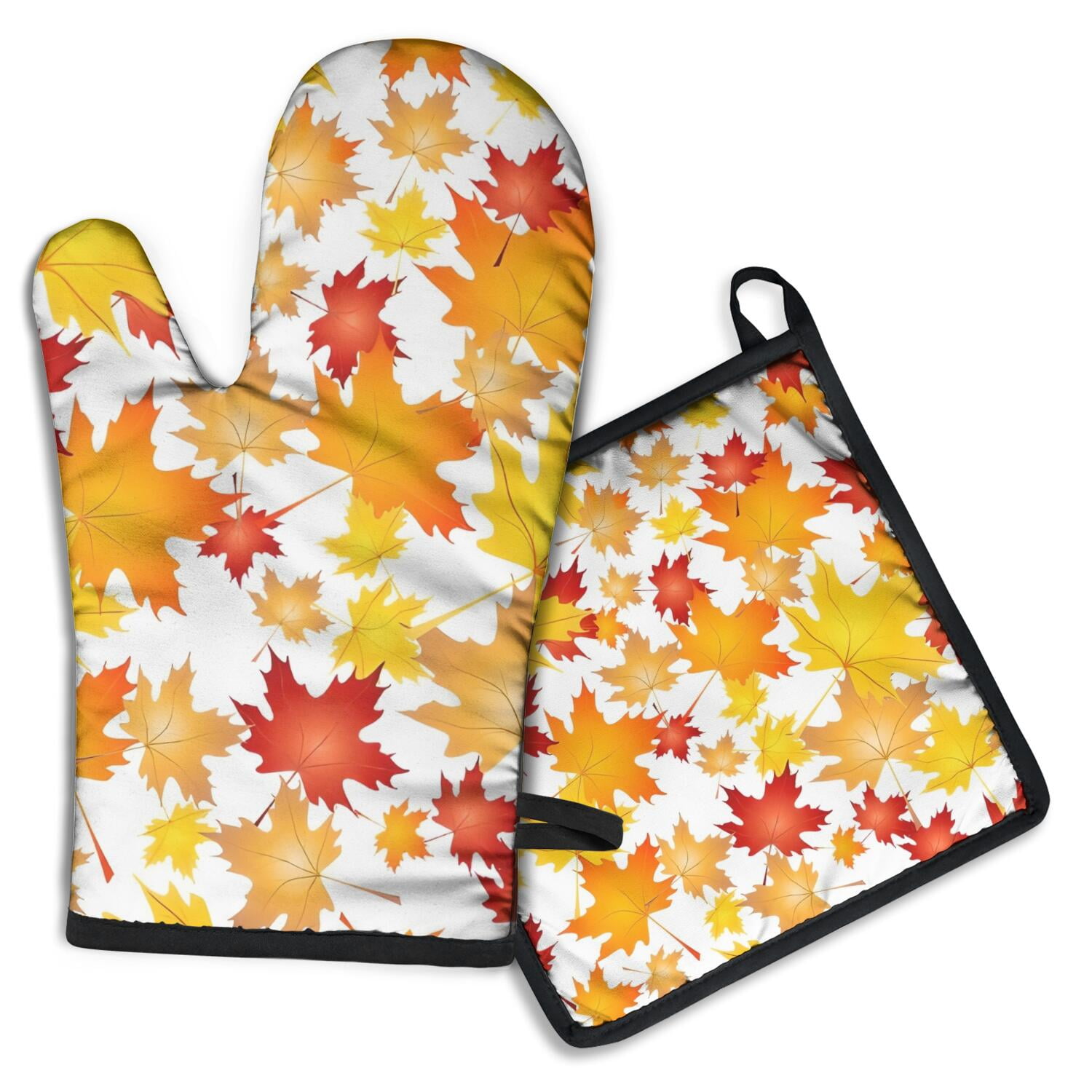 Autumn Fall Leaves Pattern Kitchen Oven Mitt and Pot Holder Sets 2 Pcs ...