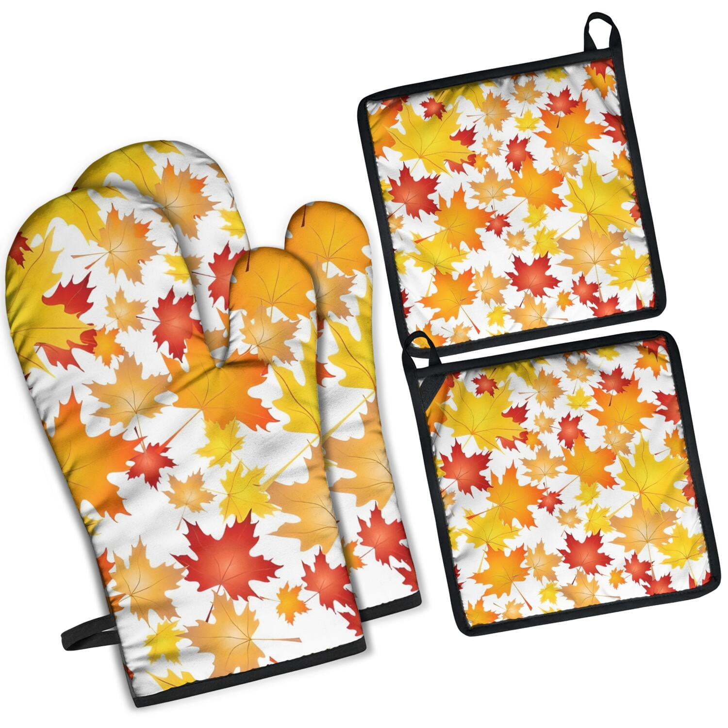 Autumn Fall Leaves Pattern Kitchen Oven Mitt and Pot Holder Sets 4 Pcs ...