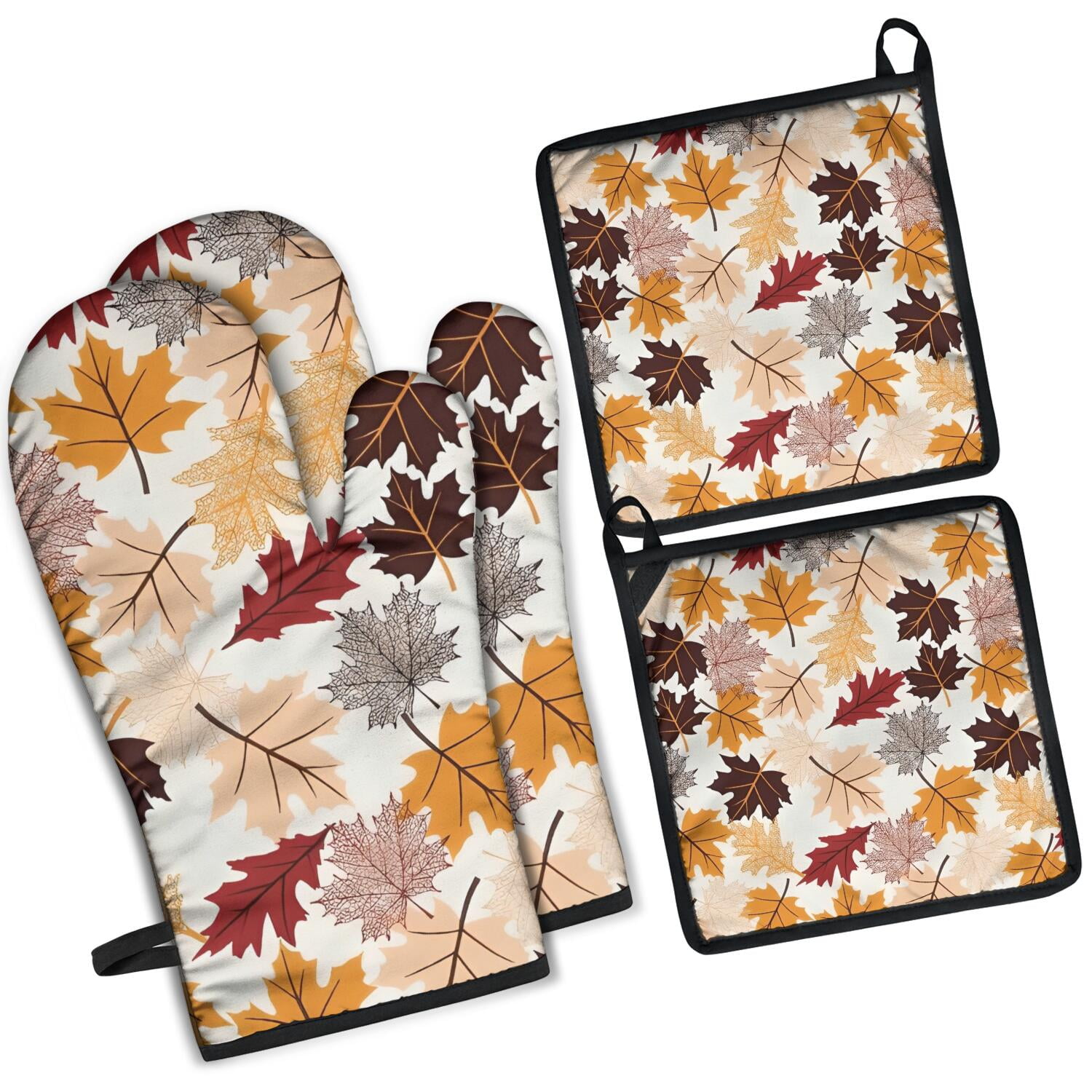 Autumn Fall Leaves Pattern Kitchen Oven Mitt and Pot Holder Sets 4 Pcs ...