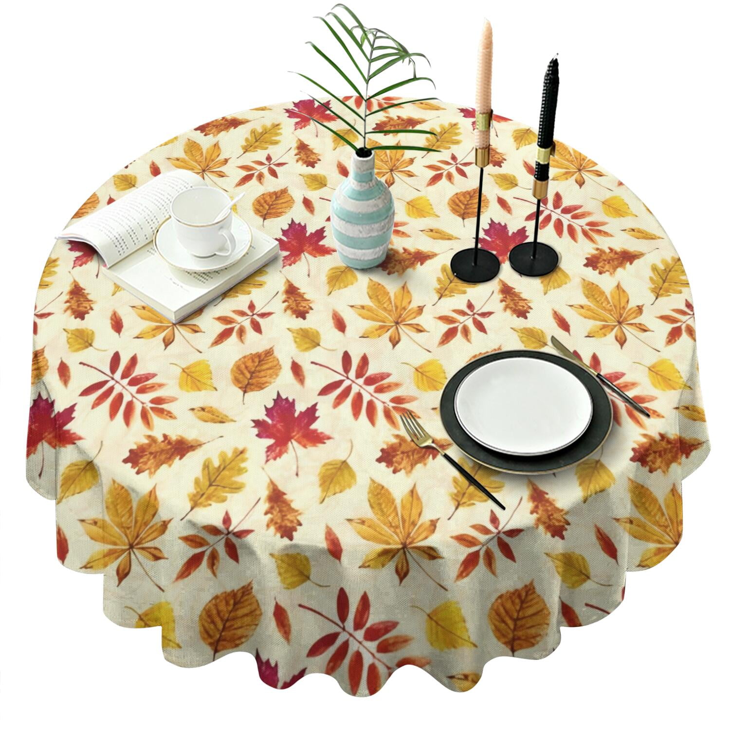 Autumn Fall Leaves Pattern Round Tablecloth 60" X 60",Wrinkle Wipeable ...