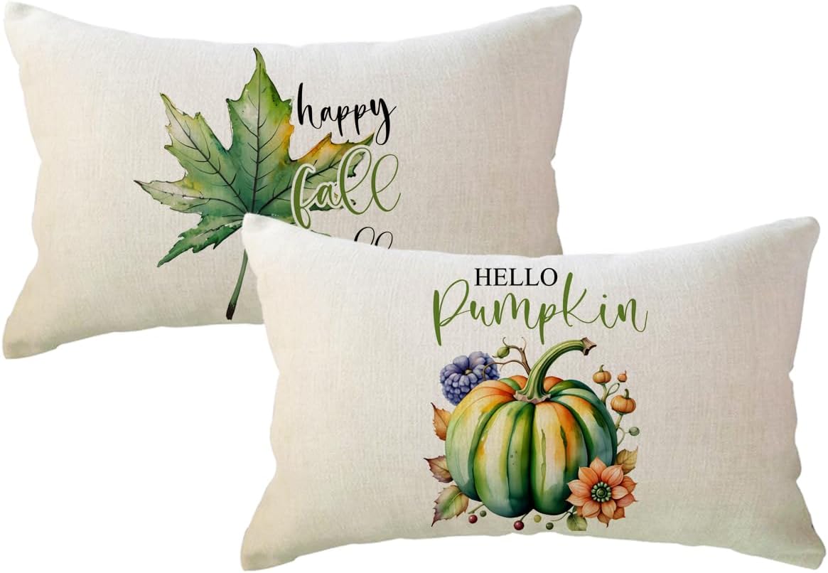 Autumn Fall Pillow Covers 12x20 Green Pumpkin with Seasonal Floral ...