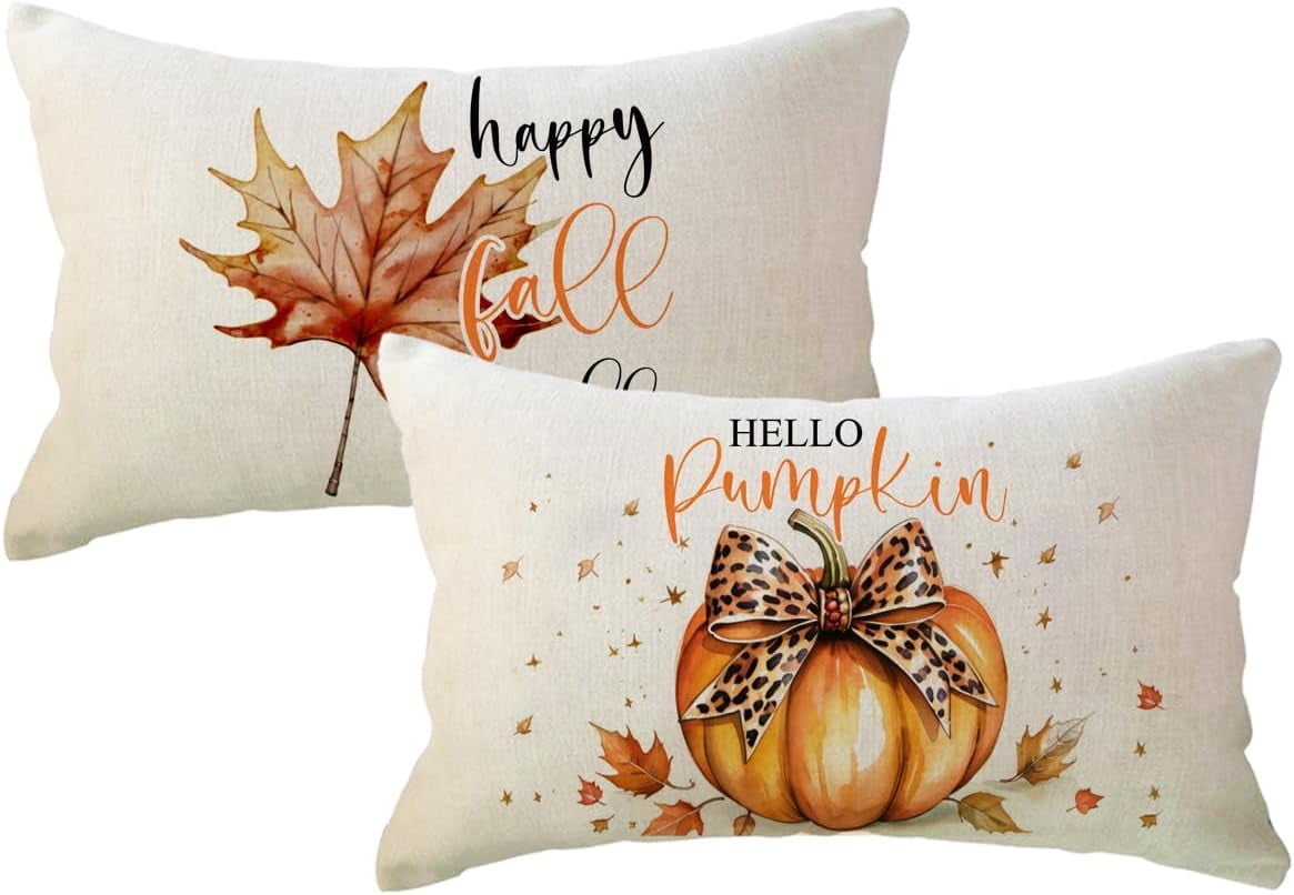 Autumn Fall Pillow Covers 12x20 Orange Pumpkin with Leopard Print Bow ...