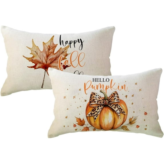 Autumn Fall Pillow Covers 12x20 Orange Pumpkin with Leopard Print Bow ...