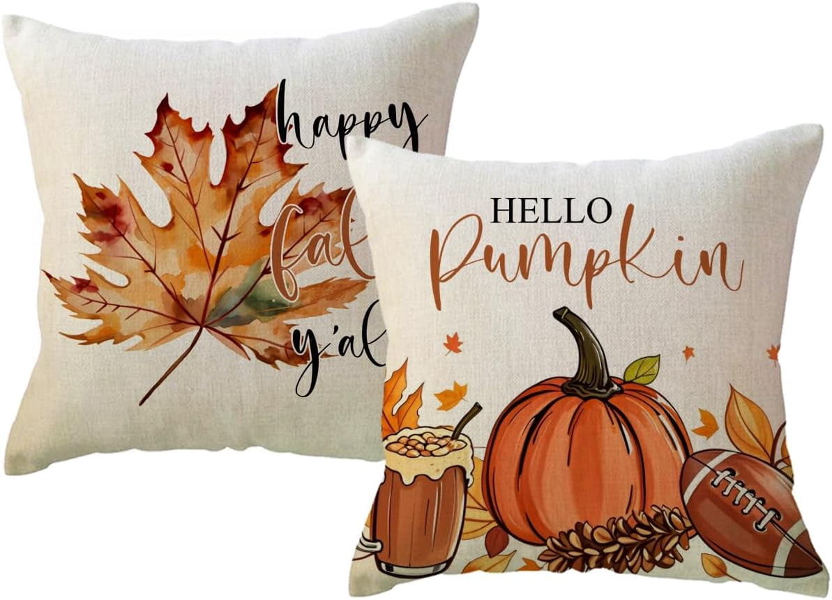 Autumn Fall Pillow Covers 18x18 Coffee Pumpkin with Football Pinecone ...