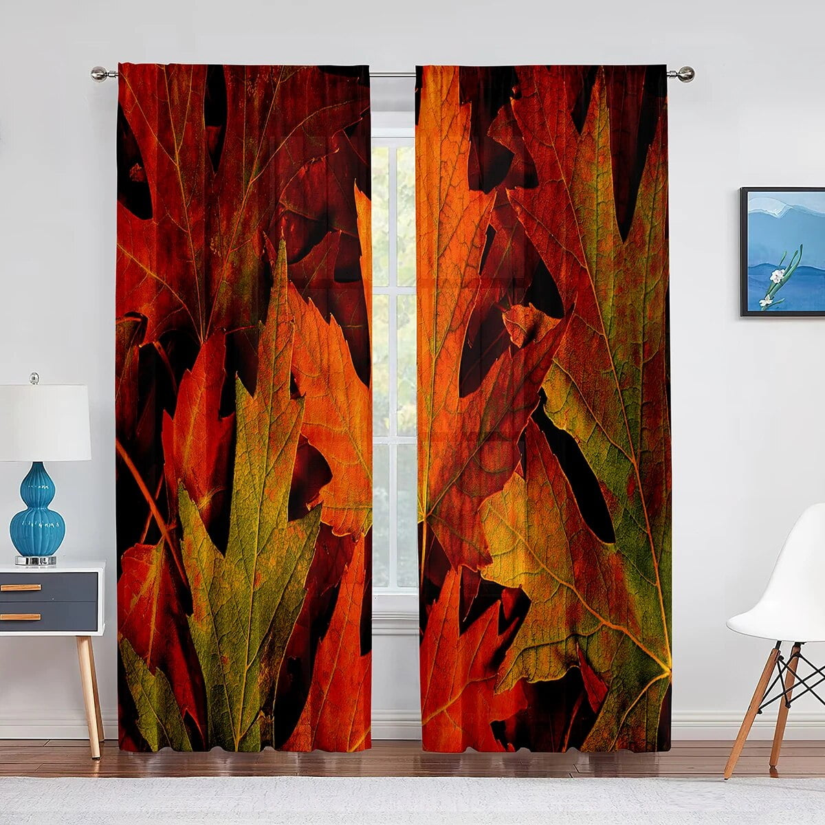 Autumn Fall Season Maple Leaves Orange Sheer Curtain for Living Room ...