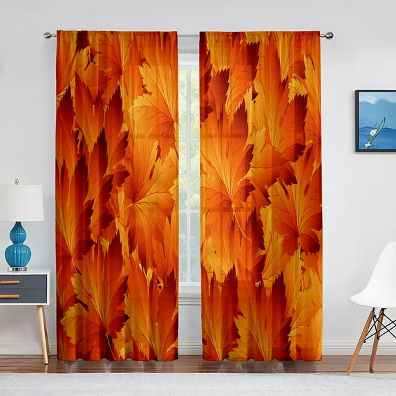 Autumn Fall Season Maple Leaves Orange Sheer Curtain for Living Room Voile for Window Blinds ...