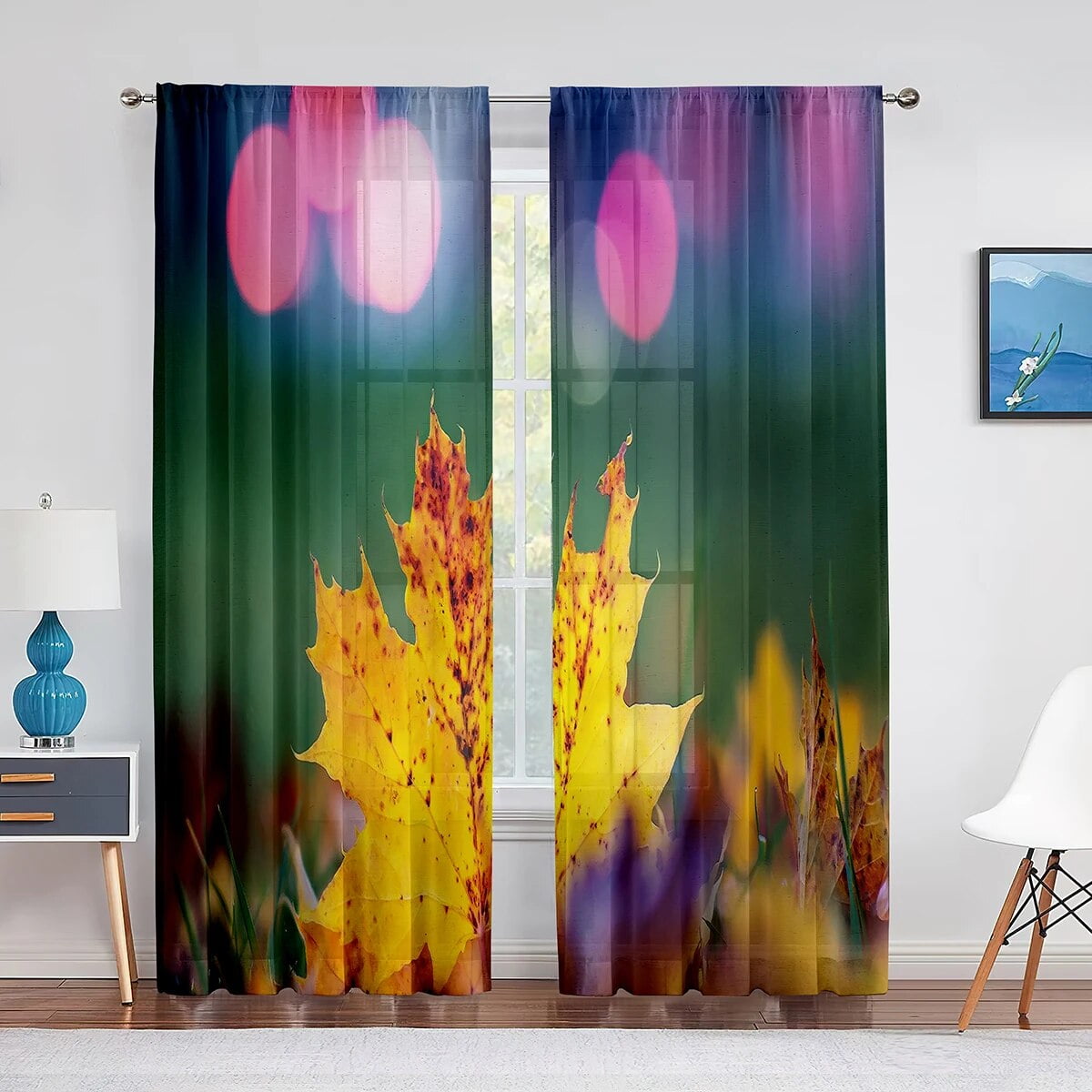 Autumn Fall Season Maple Leaves Orange Sheer Curtain for Living Room ...