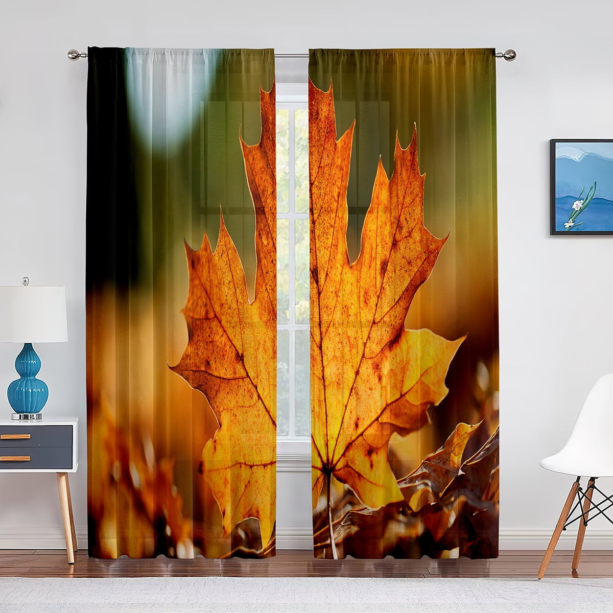 Autumn Fall Season Maple Leaves Orange Sheer Curtain for Living Room ...