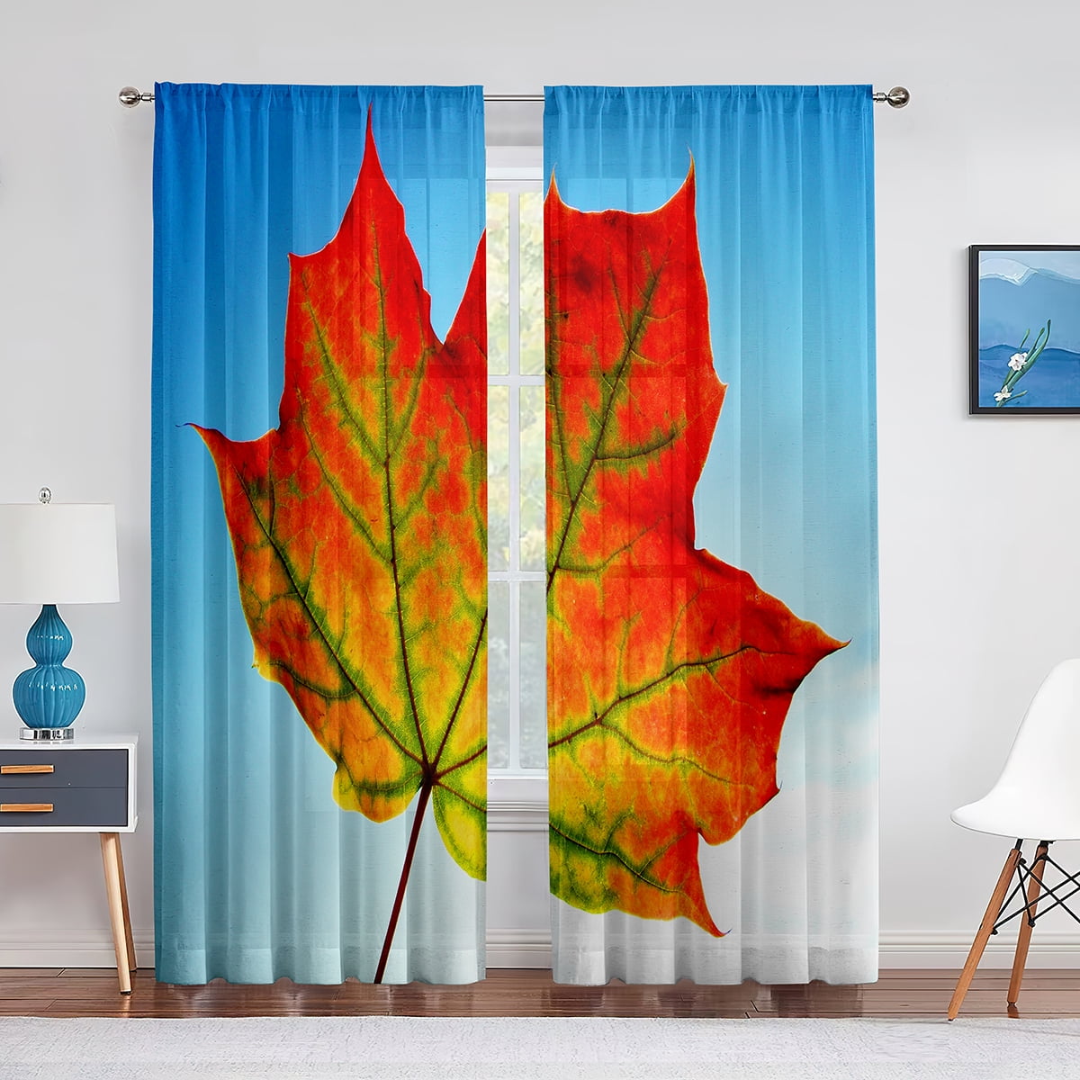 Autumn Fall Season Maple Leaves Orange Sheer Curtain for Living Room Voile for Window Blinds ...