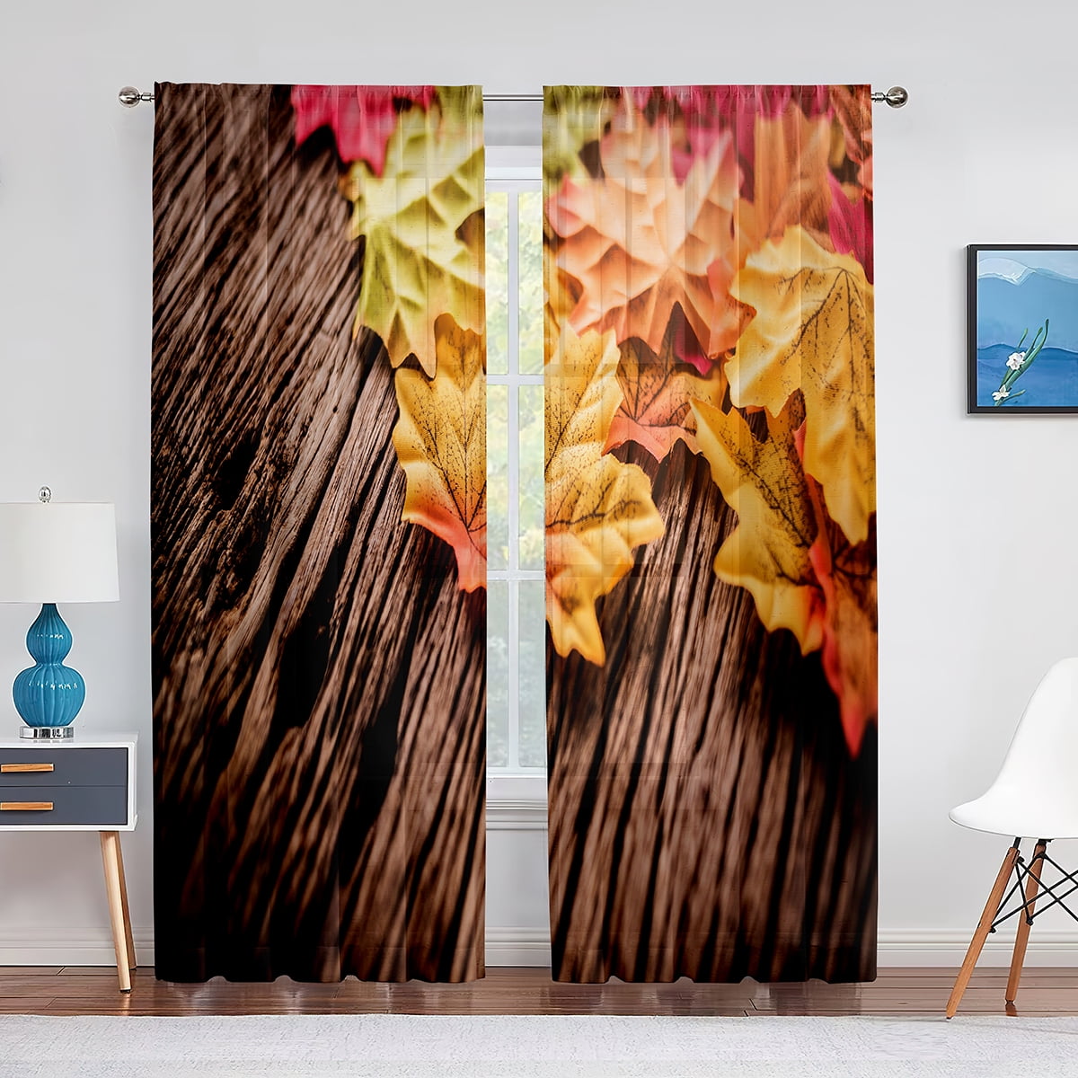 Autumn Fall Season Maple Leaves Orange Sheer Curtain for Living Room ...