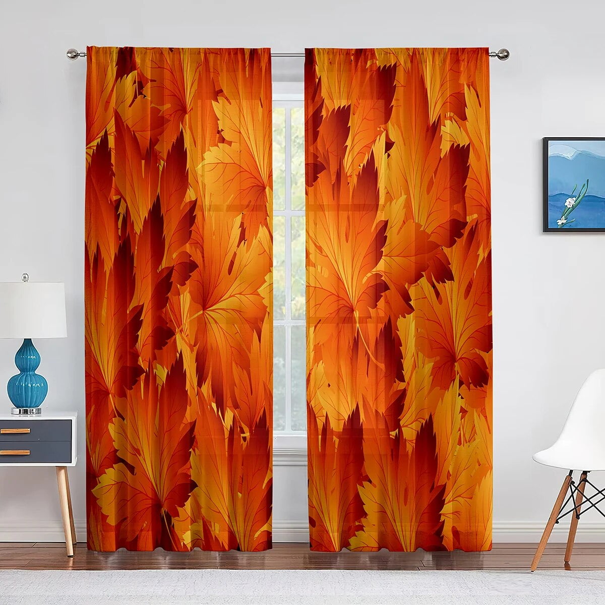 Autumn Fall Season Maple Leaves Orange Sheer Curtain for Living Room ...