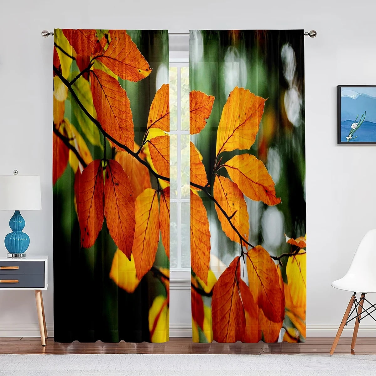 Autumn Fall Season Maple Leaves Orange Sheer Curtain for Living Room Voile for Window Blinds ...