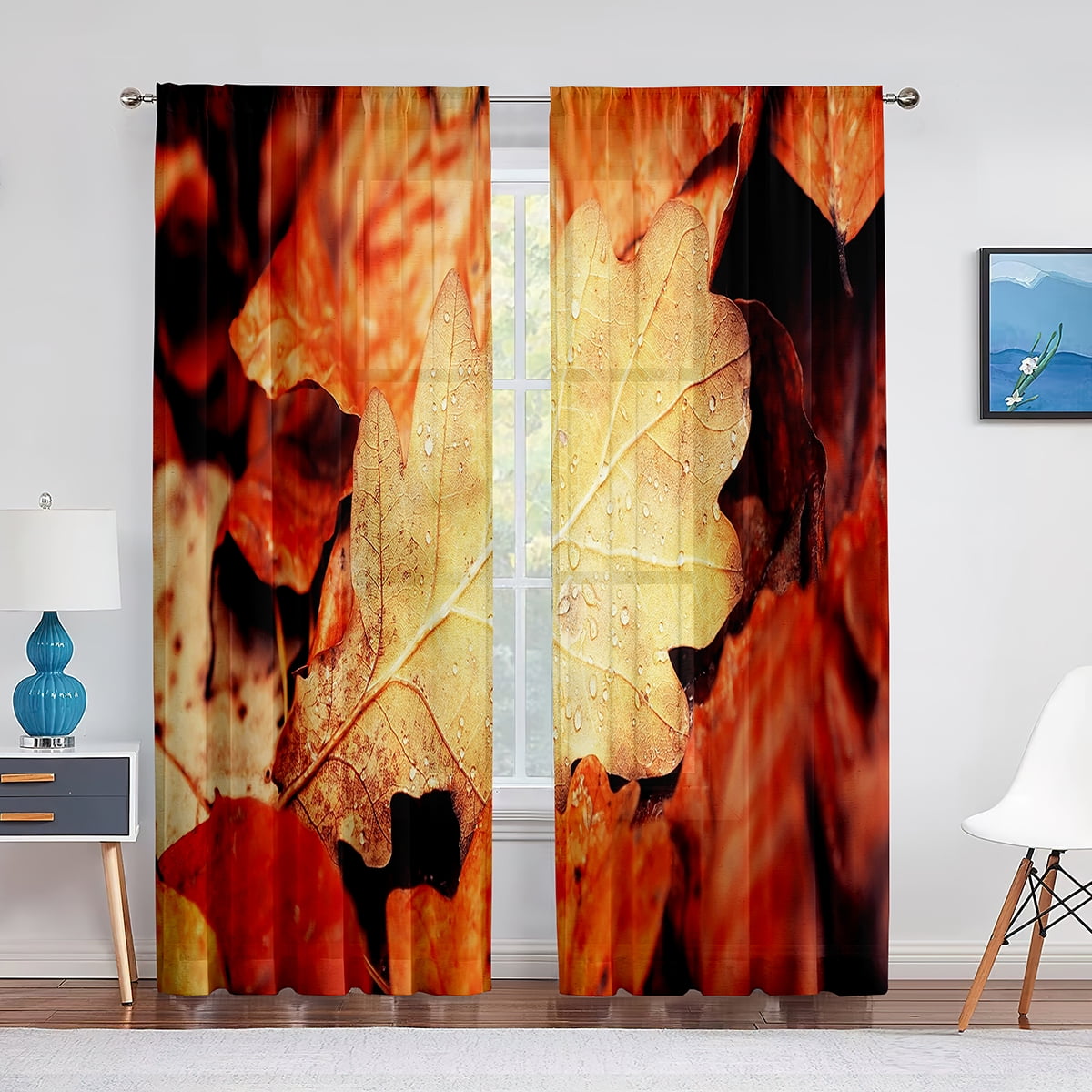 Autumn Fall Season Maple Leaves Orange Sheer Curtain for Living Room ...