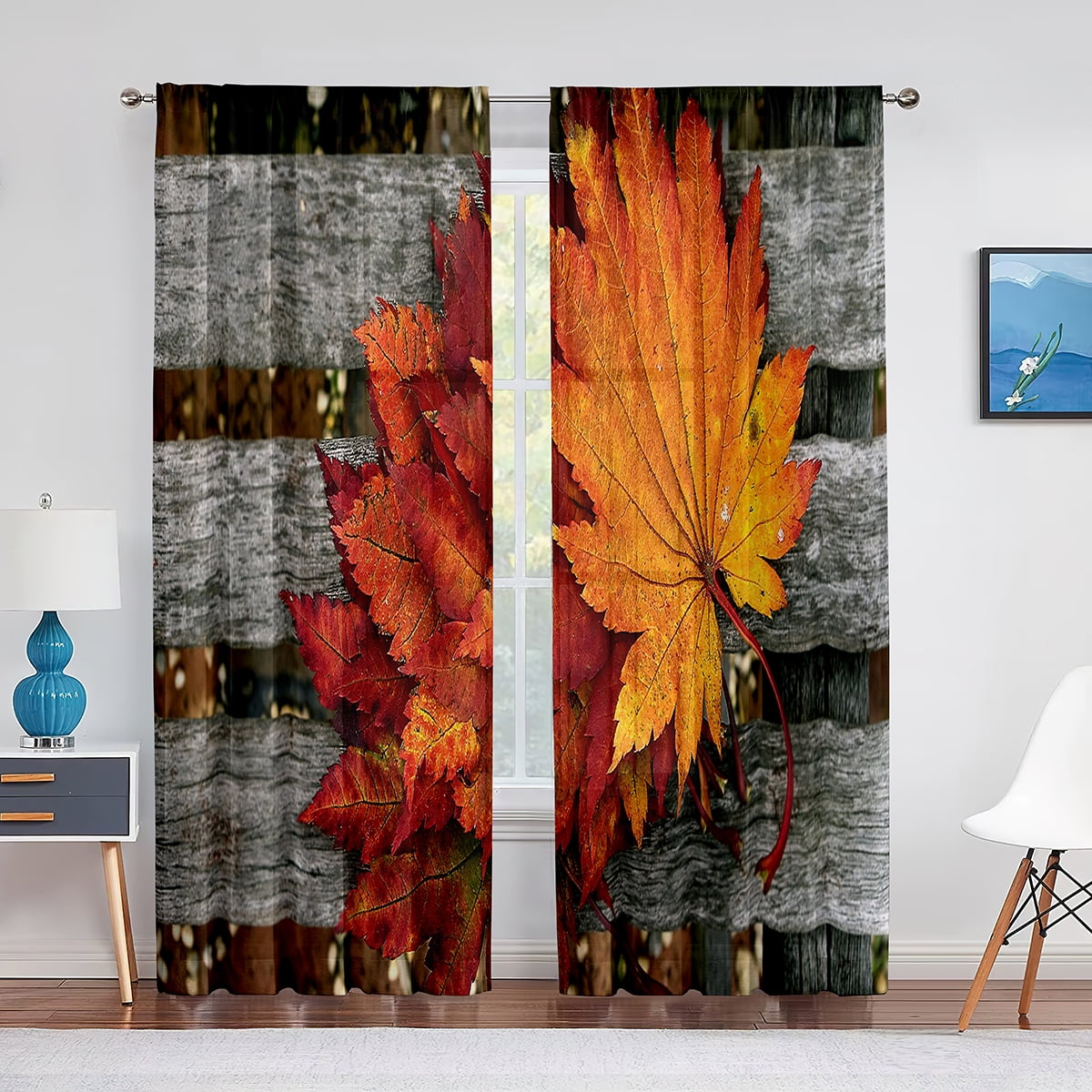 Autumn Fall Season Maple Leaves Orange Sheer Curtain for Living Room ...