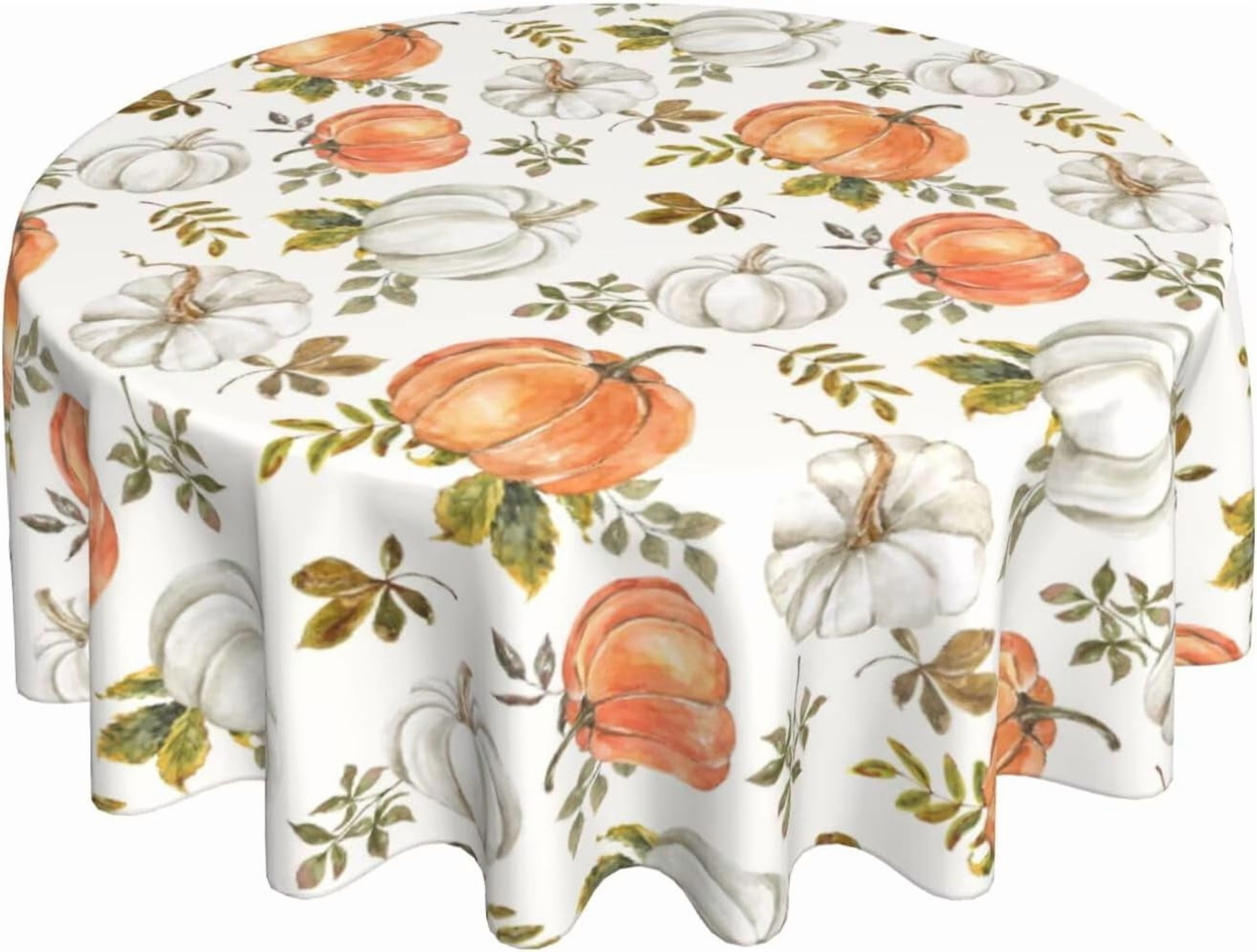 Autumn Fall Tablecloth 60 Inch Round, Watercolor Orange White Pumpkin ...