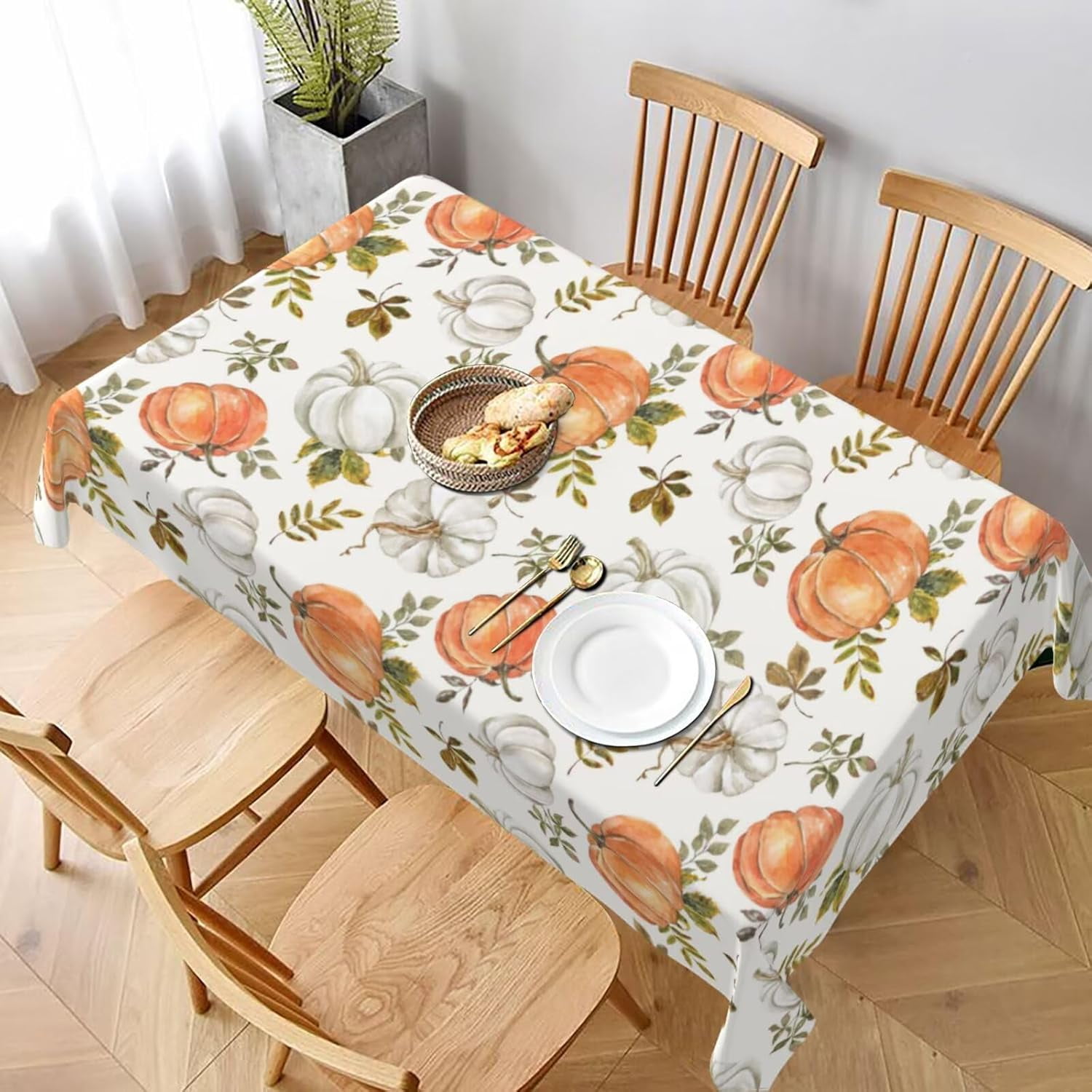 Autumn Fall Tablecloth 60 x 104 Inch Rectangle, Watercolor Orange White ...