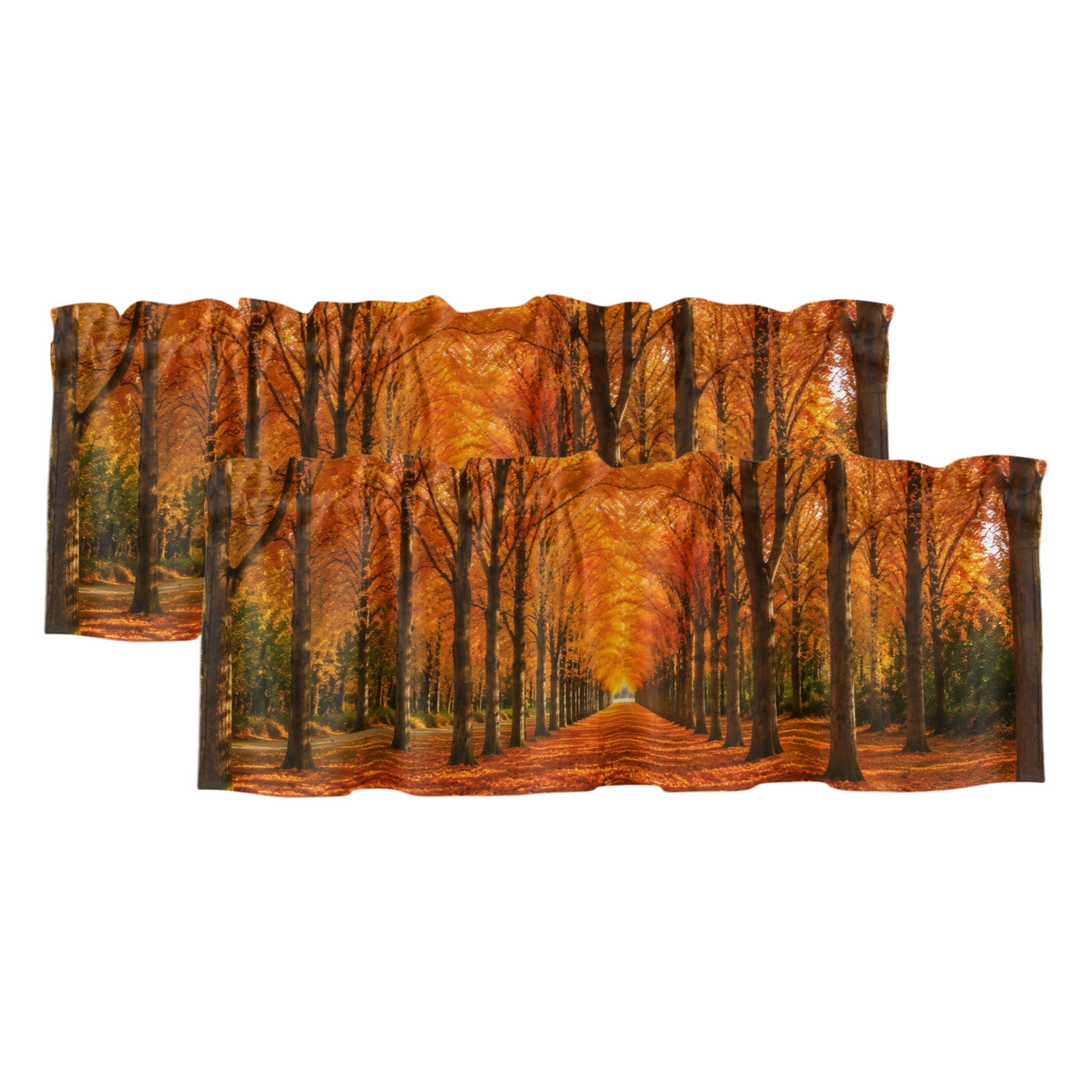 Autumn Fallen Leaves 2 Panels Kitchen Valance, Golden Path Fall Trunks ...