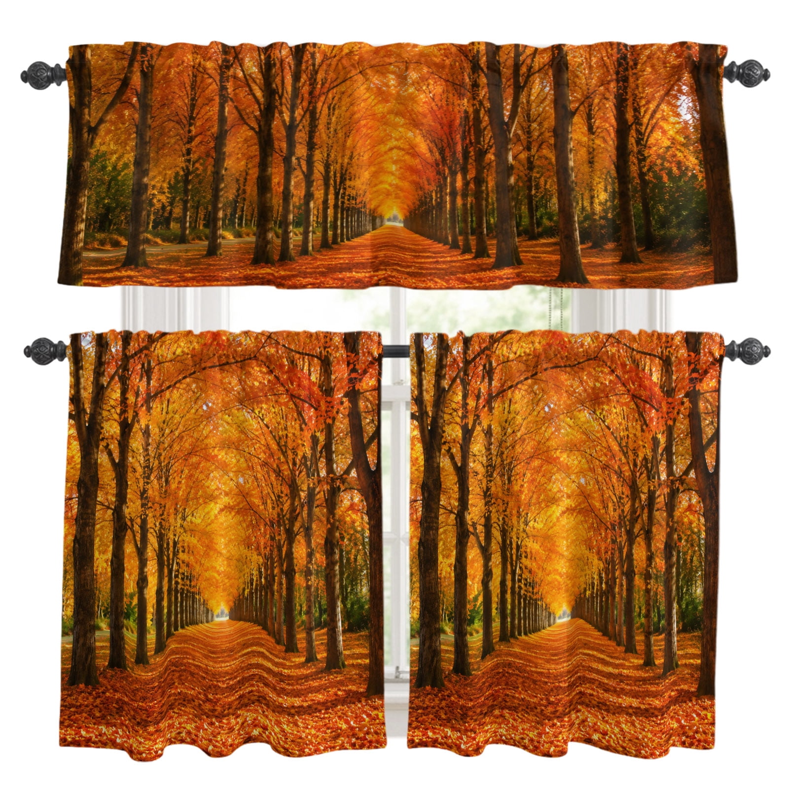 Autumn Fallen Leaves Kitchen Curtains Valances 3 Piece Set, Golden Path ...