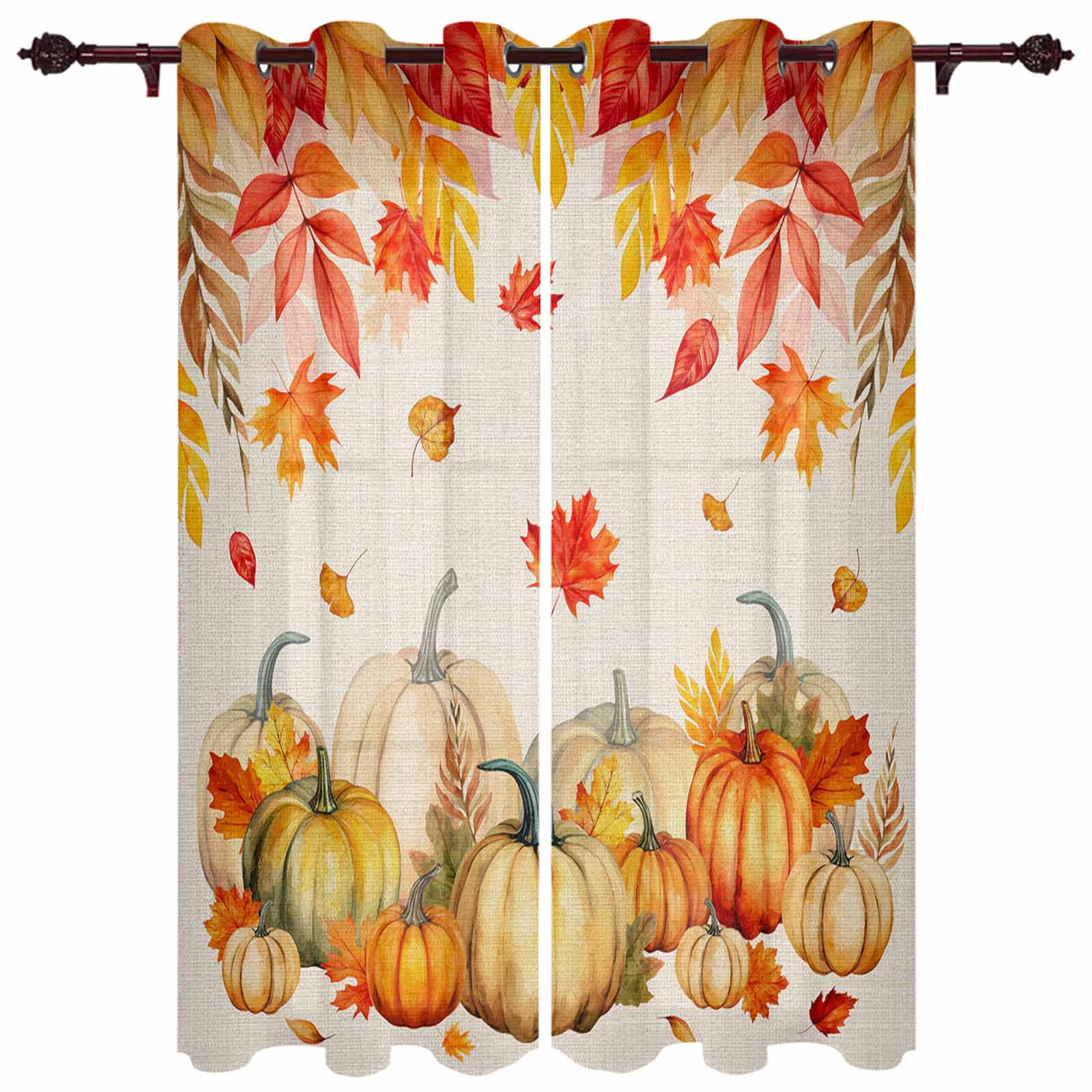 Autumn Fallen Leaves Pumpkin Watercolor Curtains for Living Room Window ...