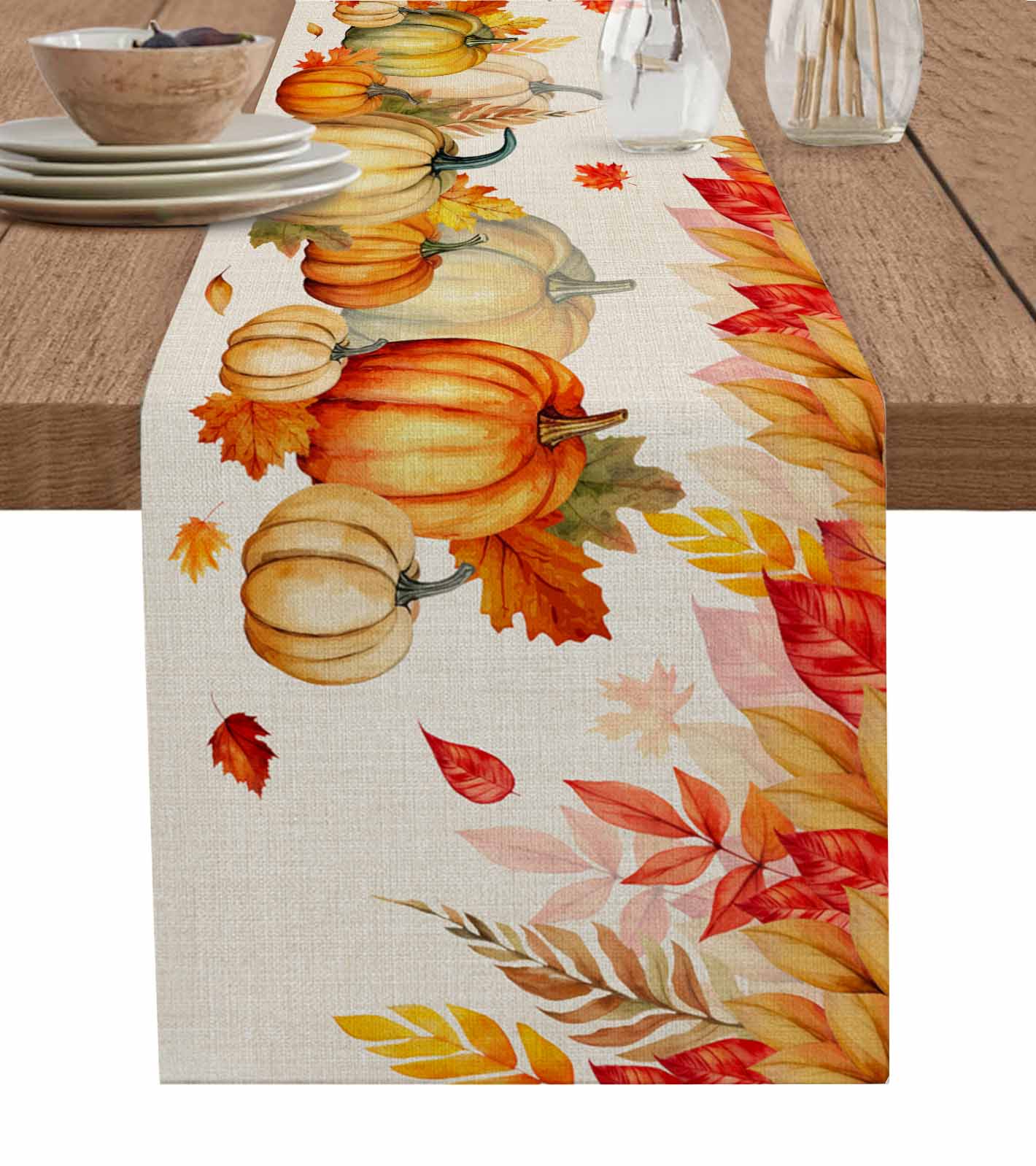 Autumn Fallen Leaves Pumpkin Watercolor Table Runners Dresser Scarf ...