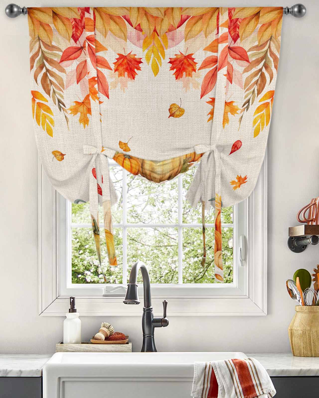 Autumn Fallen Leaves Pumpkin Watercolor Window Curtain for Living Room ...