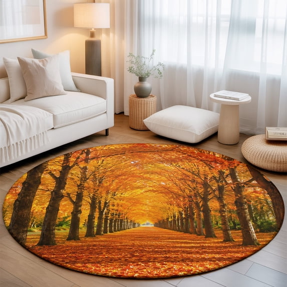 Autumn Fallen Leaves Round Area Rugs 3 ft, Golden Path Fall Trunks ...