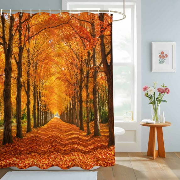 Autumn Fallen Leaves Shower Curtain, Golden Path Fall Trunks Rustic ...