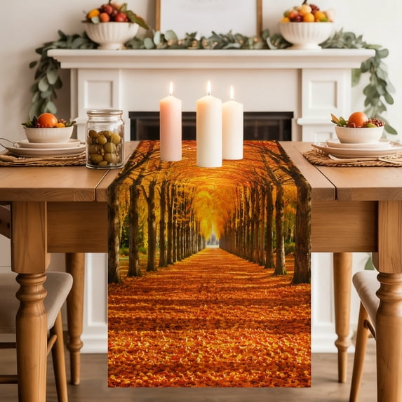 Autumn Fallen Leaves Table Runner, Golden Path Fall Trunks Rustic ...