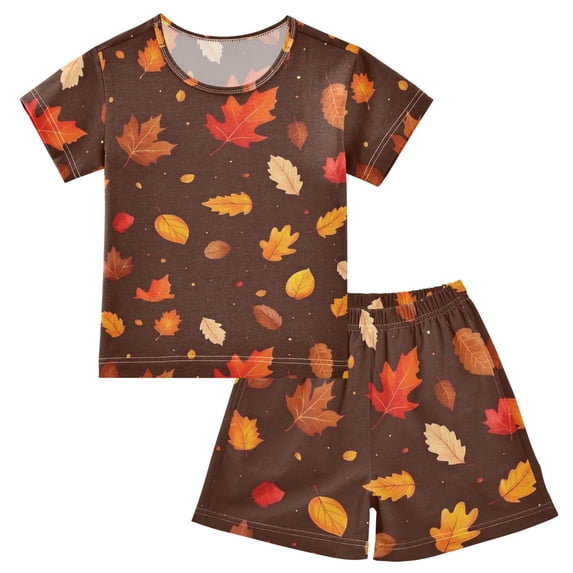 Autumn Falling Leaves Summer Pajama Set Soft Cotton Short Sleeve ...