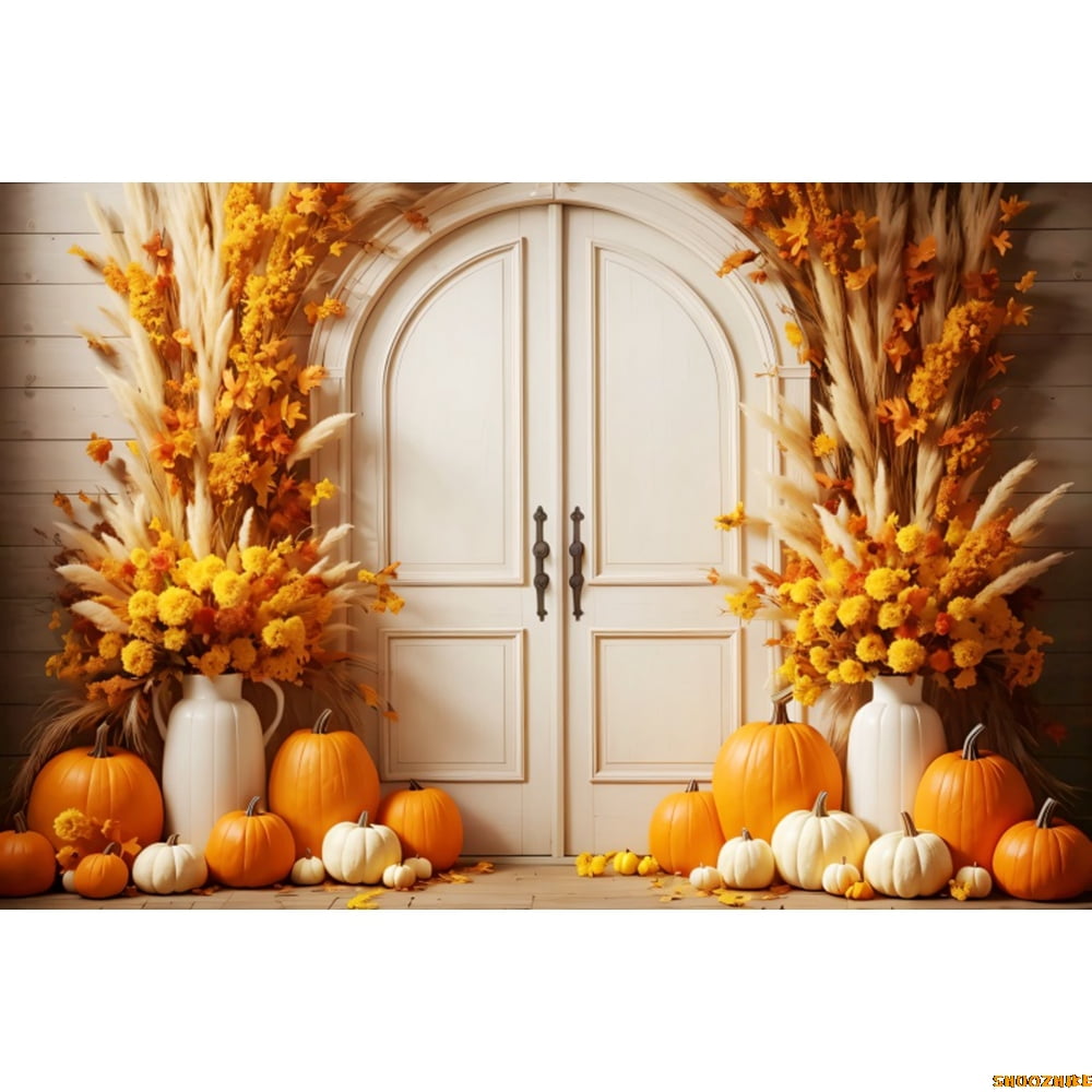 Autumn Farm Barn Wood Door Backdrop Fall Maple Leaf Pumpkin Harvest ...