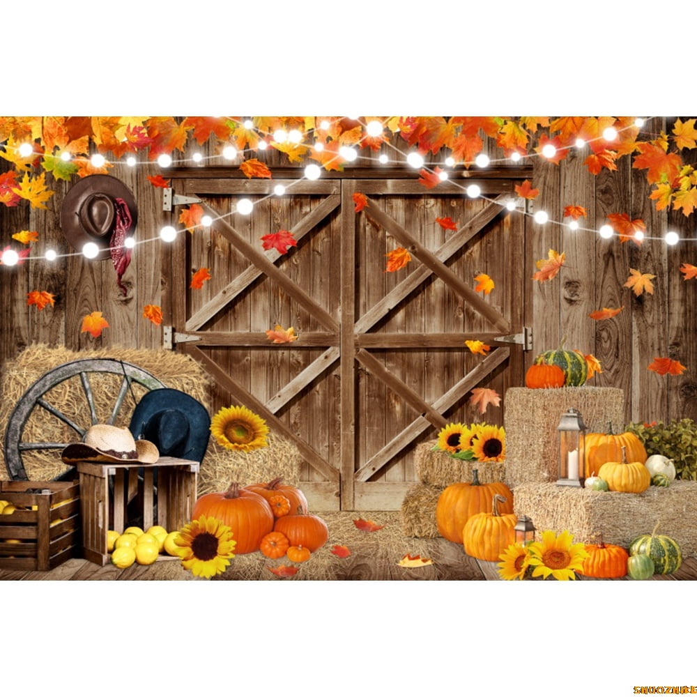 Autumn Farm Barn Wood Door Backdrop Fall Maple Leaf Pumpkin Harvest Haystack Thanksgiving Baby ...