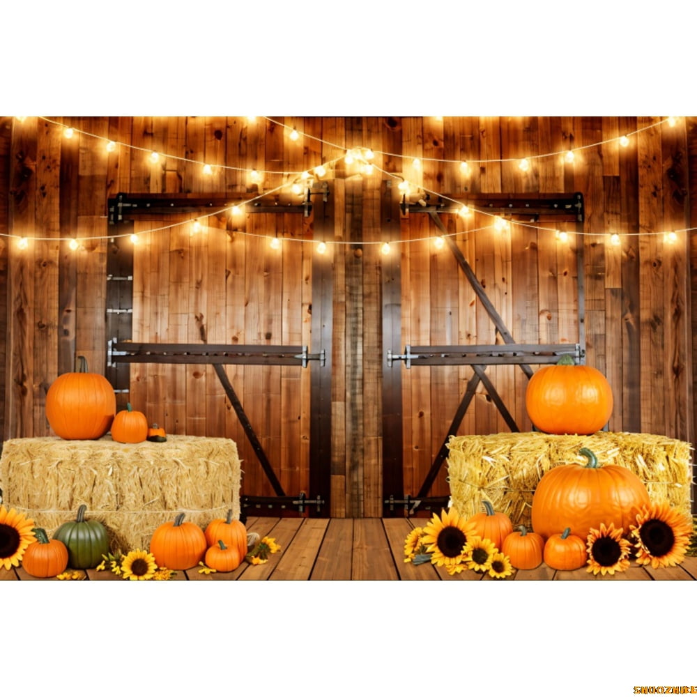 Autumn Farm Barn Wood Door Backdrop Fall Maple Leaf Pumpkin Harvest Haystack Thanksgiving Baby ...
