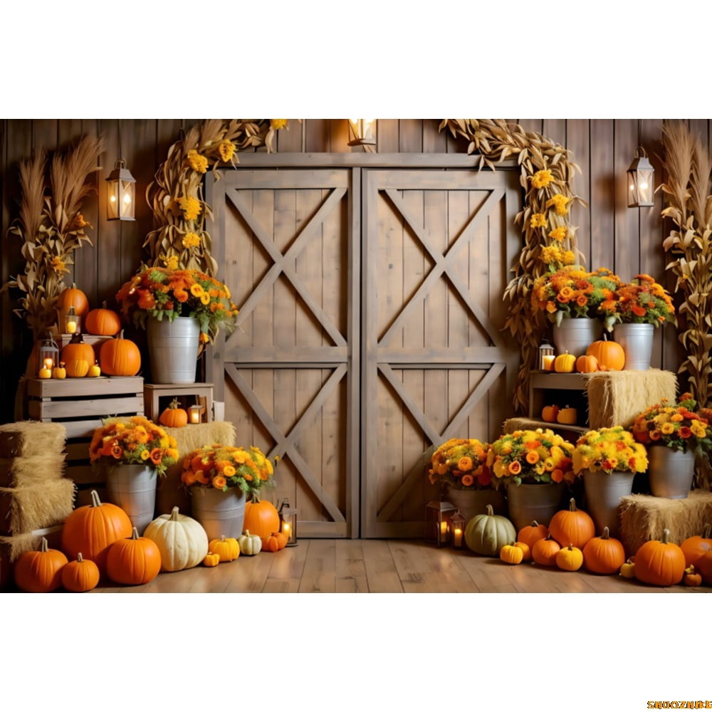 Autumn Farm Barn Wood Door Backdrop Fall Maple Leaf Pumpkin Harvest ...