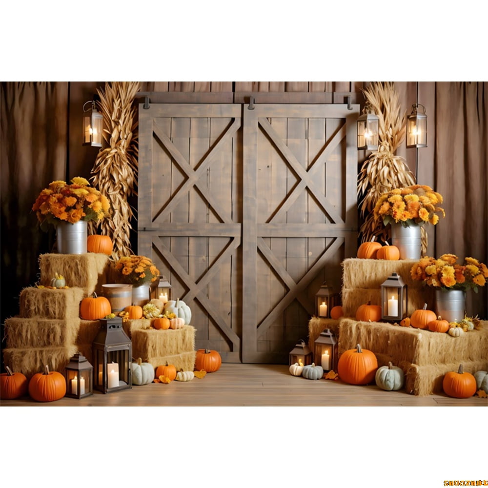 Autumn Farm Barn Wood Door Backdrop Fall Maple Leaf Pumpkin Harvest ...