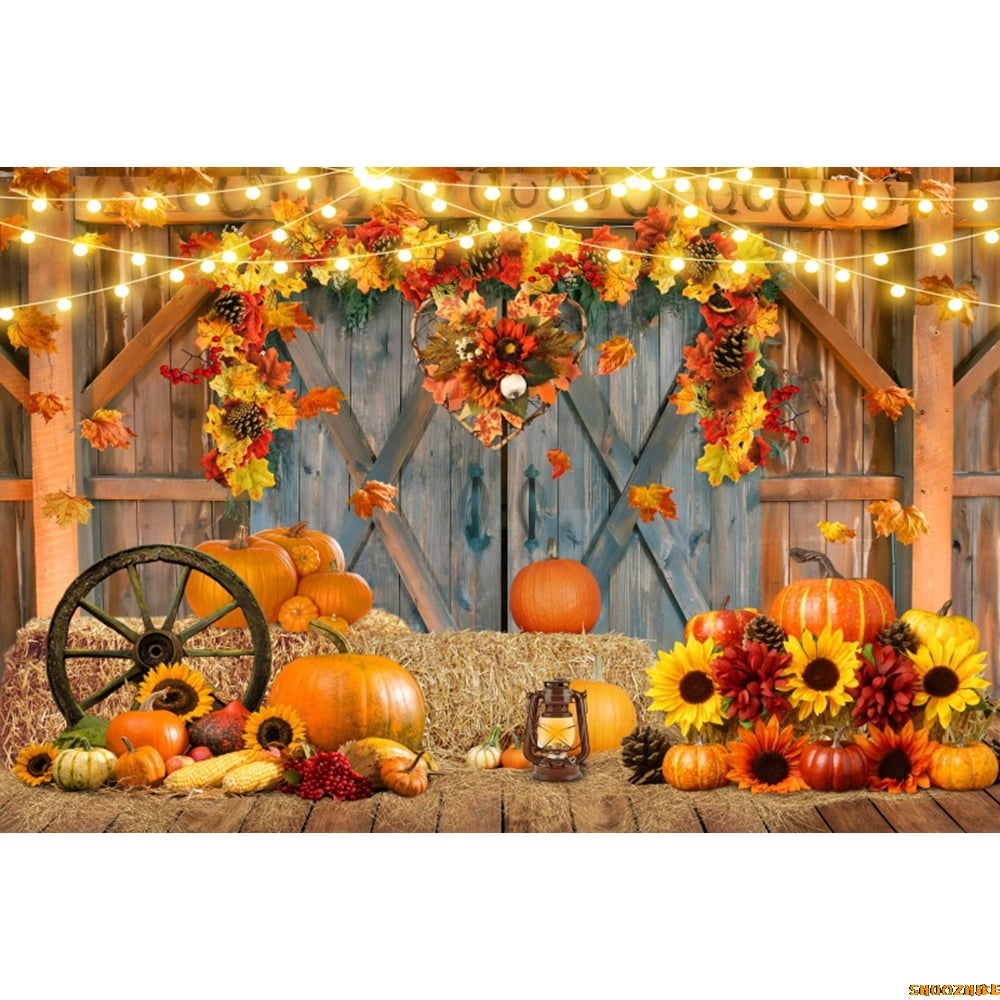 Autumn Farm Barn Wood Door Backdrop Fall Maple Leaf Pumpkin Harvest ...