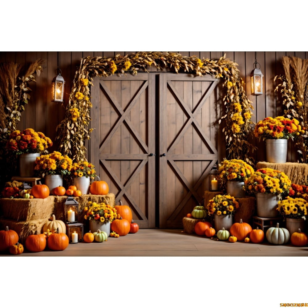 Autumn Farm Barn Wood Door Backdrop Fall Maple Leaf Pumpkin Harvest ...
