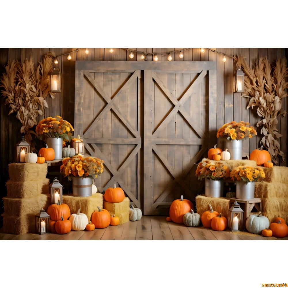 Autumn Farm Barn Wood Door Backdrop Fall Maple Leaf Pumpkin Harvest Haystack Thanksgiving Baby ...
