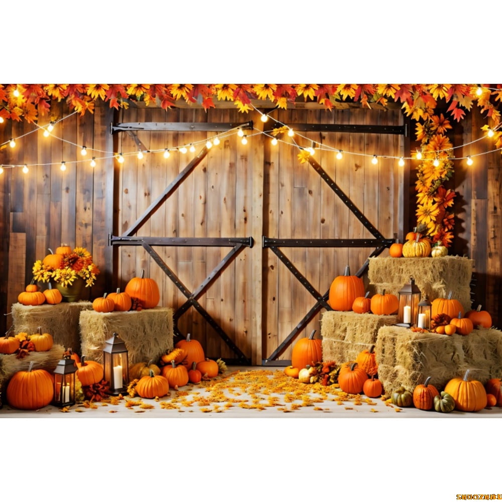 Autumn Farm Barn Wood Door Backdrop Fall Maple Leaf Pumpkin Harvest Haystack Thanksgiving Baby ...