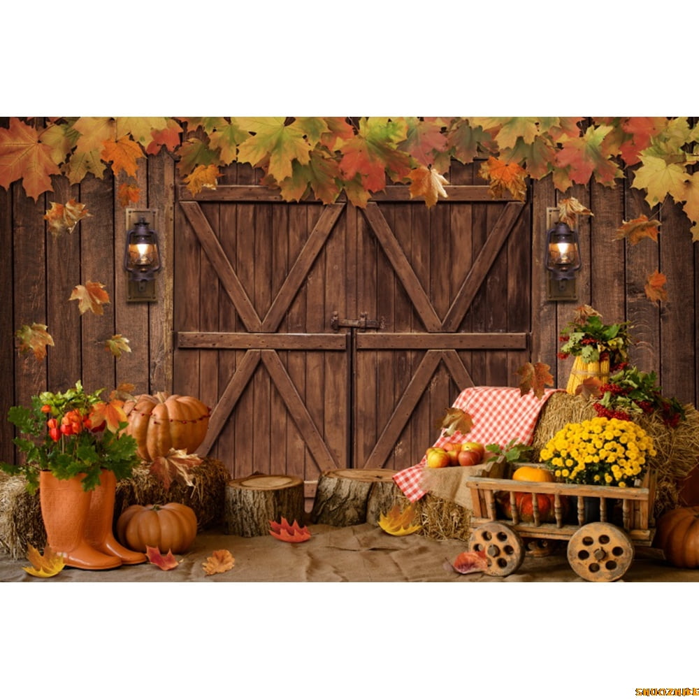 Autumn Farm Barn Wood Door Backdrop Fall Maple Leaf Pumpkin Harvest ...
