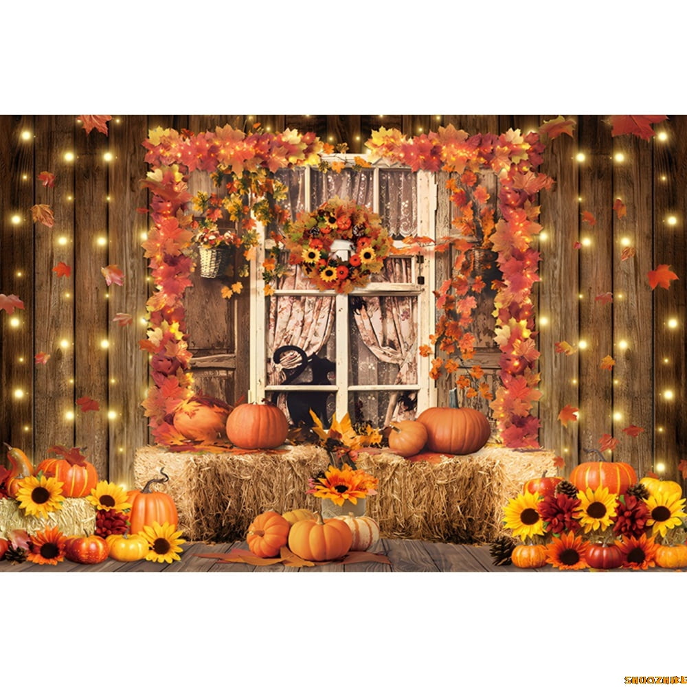 Autumn Farm Barn Wood Door Backdrop Fall Maple Leaf Pumpkin Harvest ...