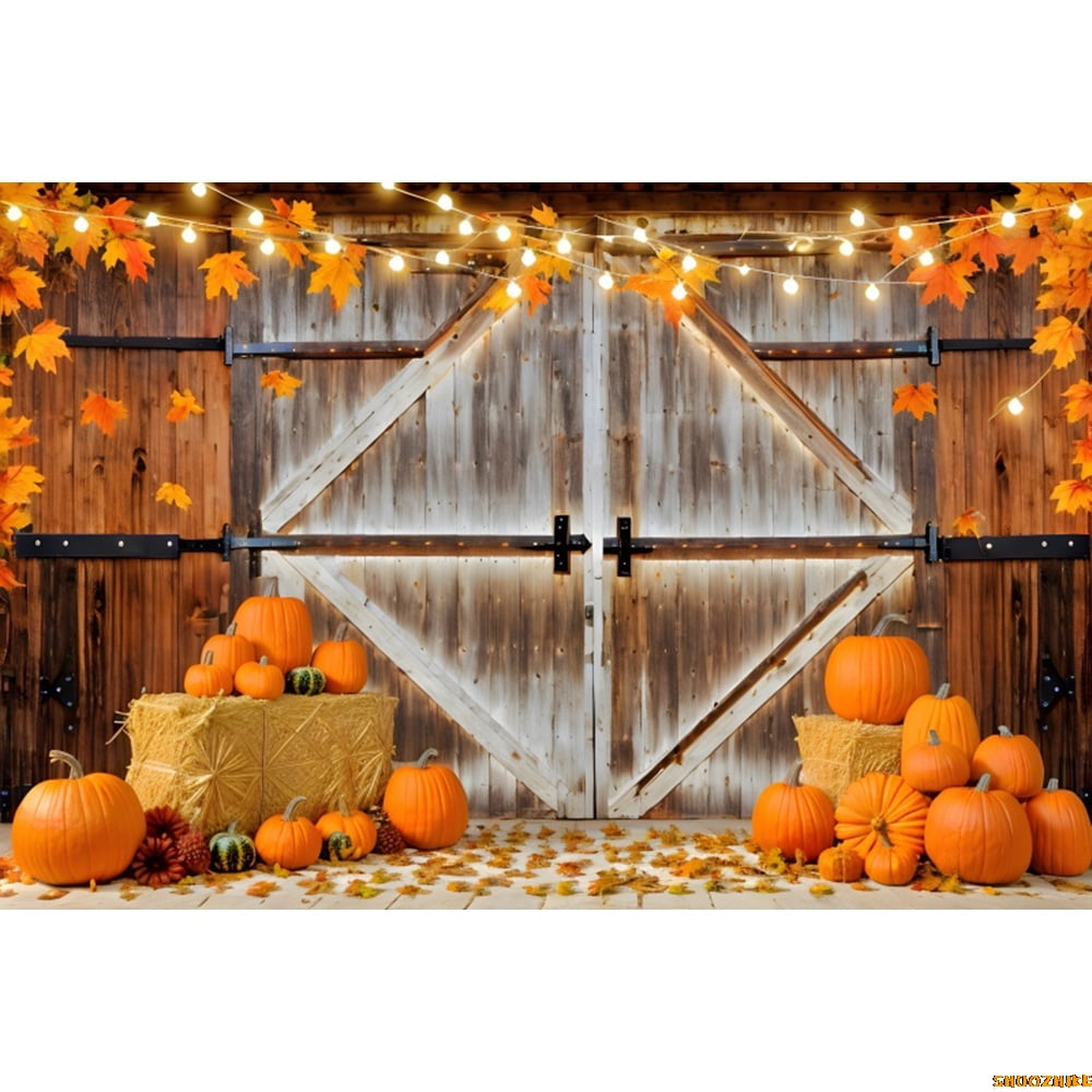 Autumn Farm Barn Wood Door Backdrop Fall Maple Leaf Pumpkin Harvest ...