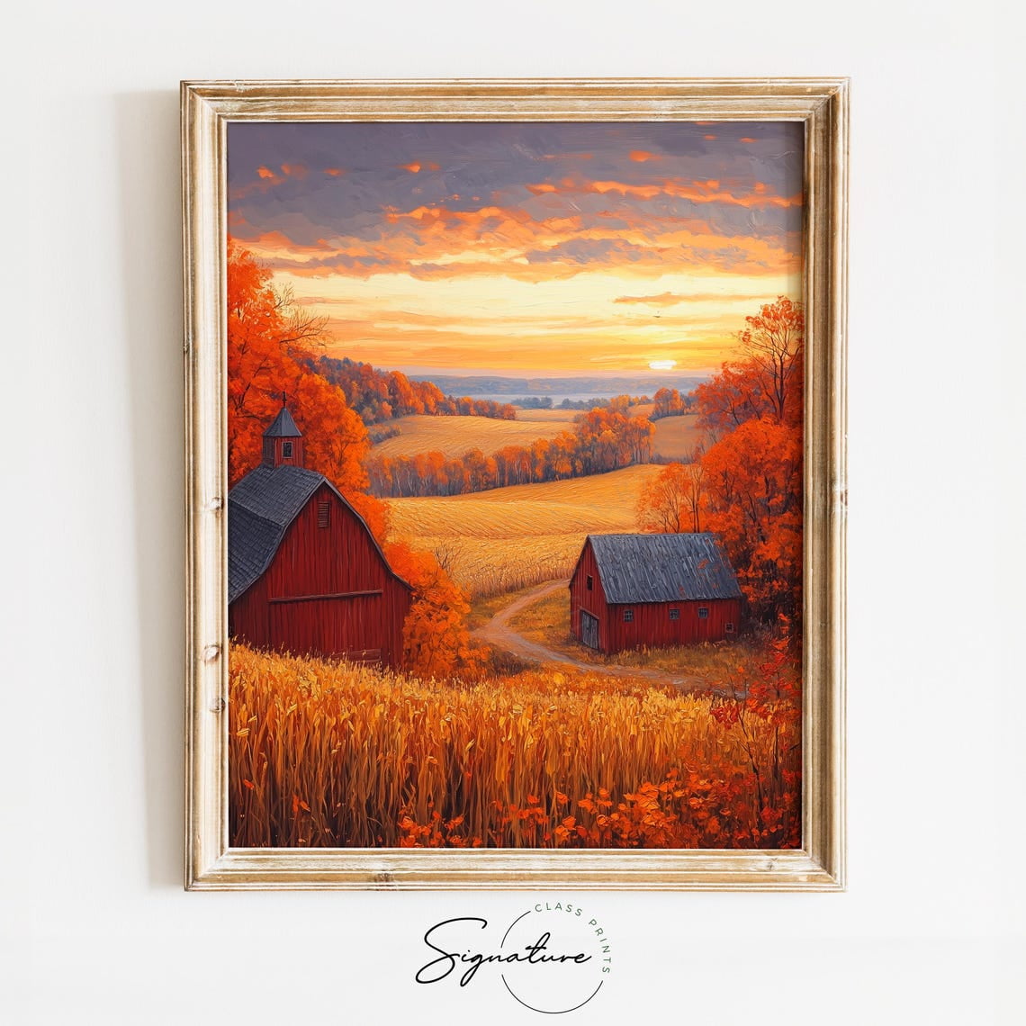 Autumn Farm With Distant View Of Barns And Golden Fields, Fall Wall ...